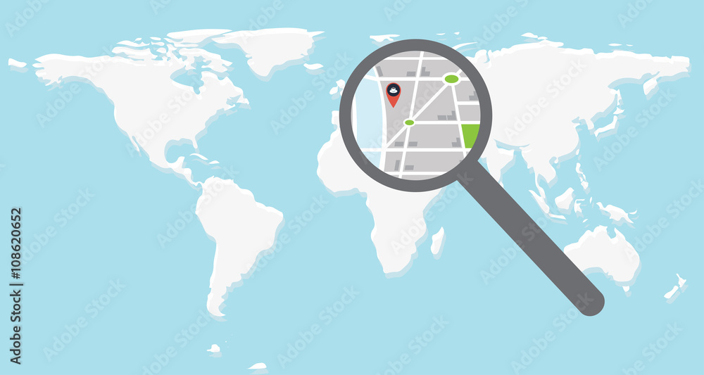 World map and direction with pin under magnifier Stock Vector | Adobe Stock