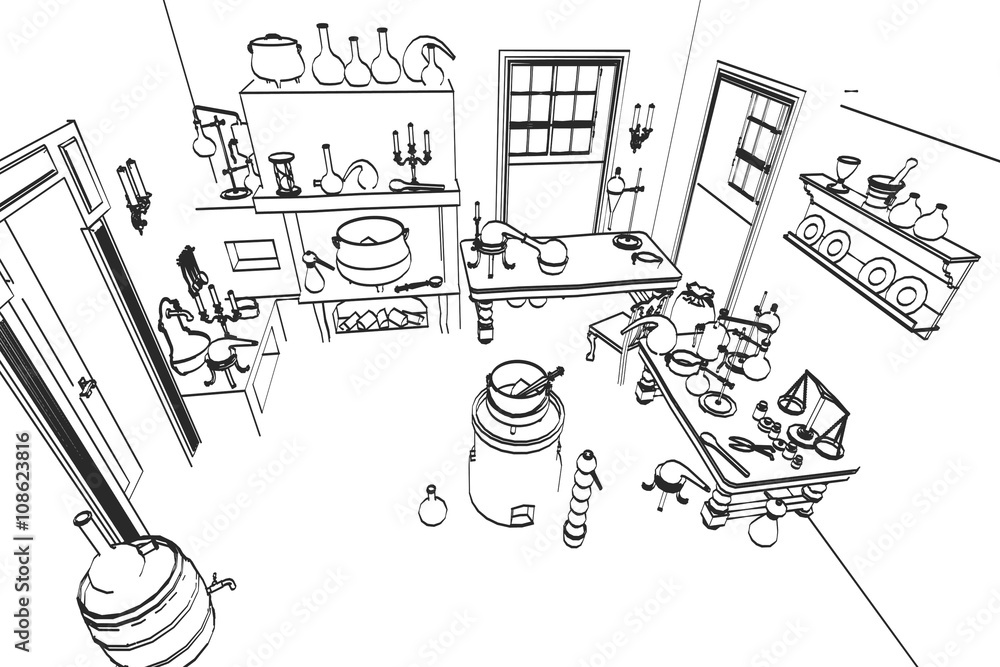 2d cartoon illustration of alchemy lab Stock Illustration | Adobe Stock