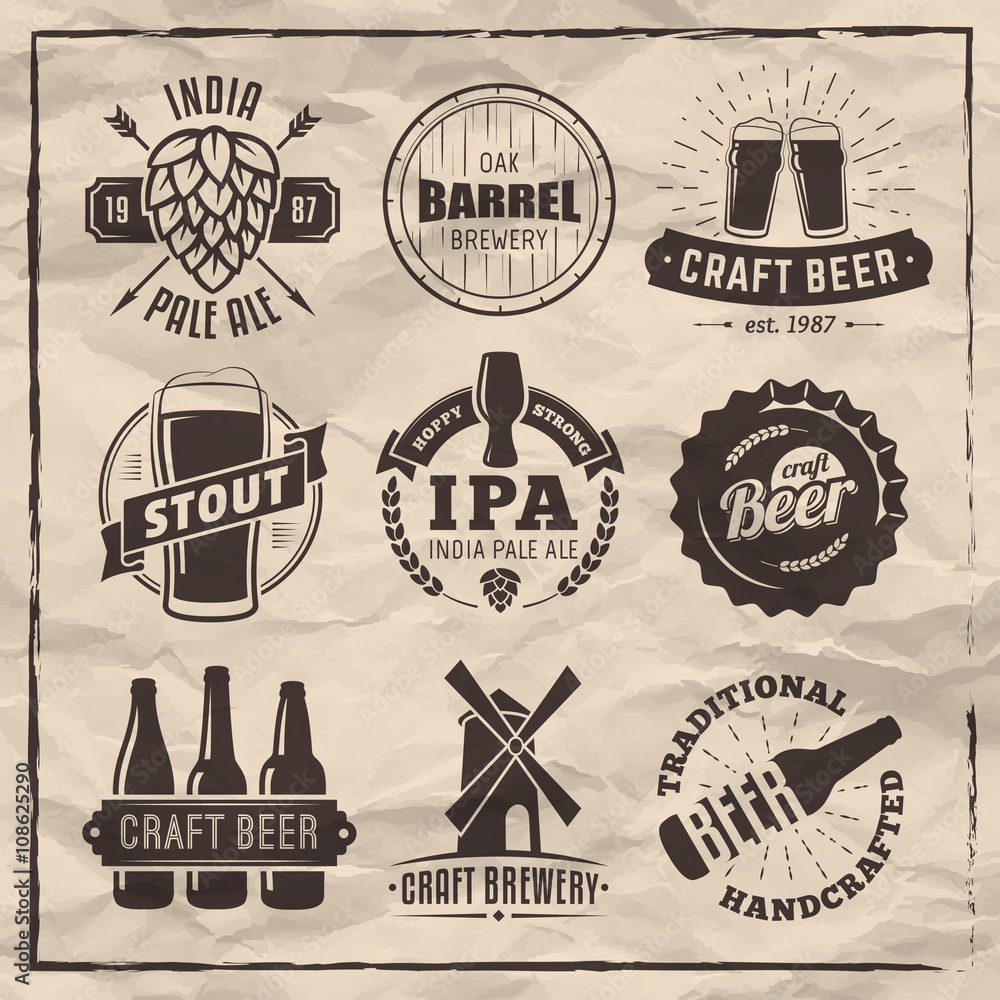 Set of vector craft beer logos and badges. Retro beer labels on vintage ...