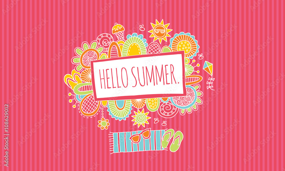 Hello Summer Doodle Vector Lineart with Pink Striped Background Stock ...