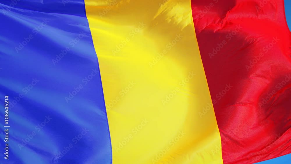 Romania flag waving in slow motion against clean blue sky, seamlessly ...