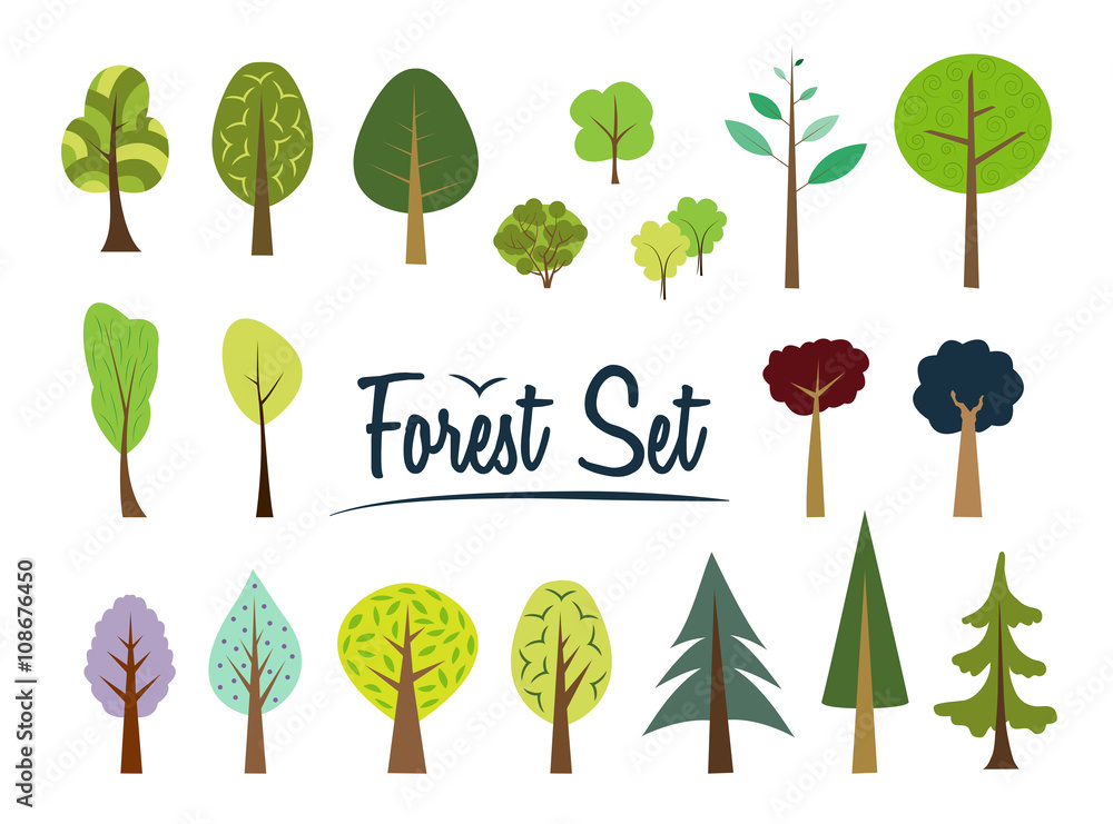 Vector forest set. Various trees and bushes. Simple wood. Cartoons ...