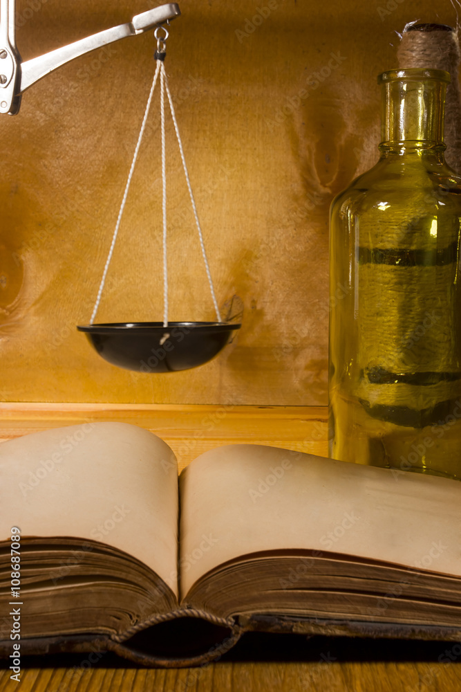 Vintage pharmacy tools: scales and books Stock Photo | Adobe Stock