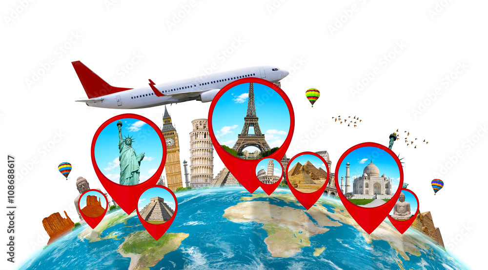 Monuments of the world on planet Earth on white background Stock Photo ...