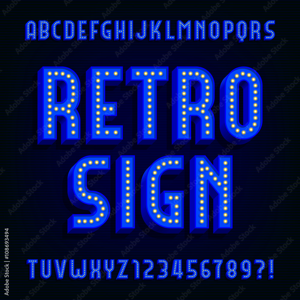 Retro sign alphabet vector font. 3D type letters with light bulbs and ...
