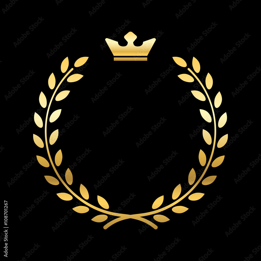 Gold laurel wreath, with crown. Golden leaf emblem. Vintage design ...