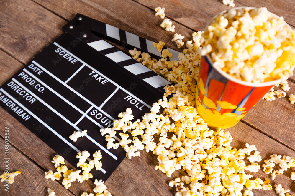 Movie clapper board and pop corn Stock Photo | Adobe Stock