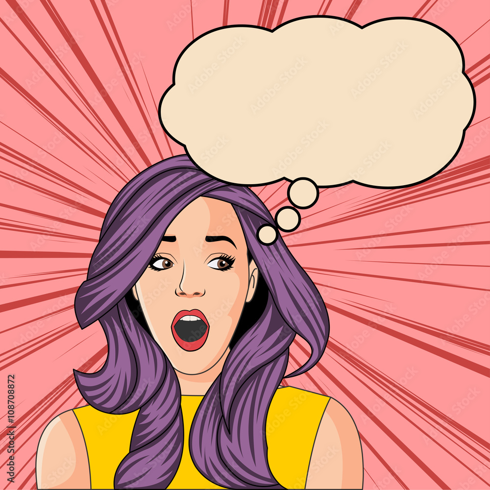 Beautiful retro surprised woman thinking. Vintage art. Stock Vector ...