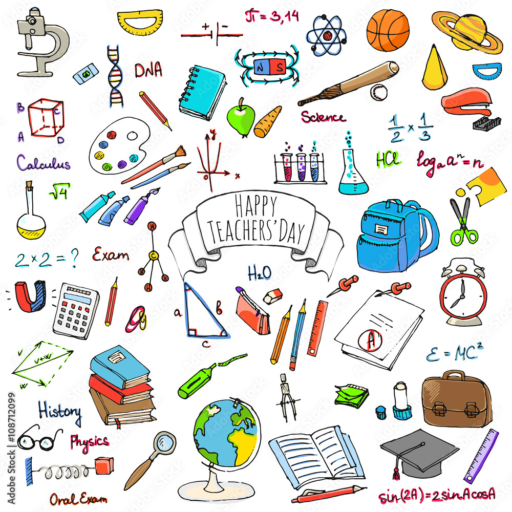 Freehand drawing school items, Back to School. Hand drawing set of ...