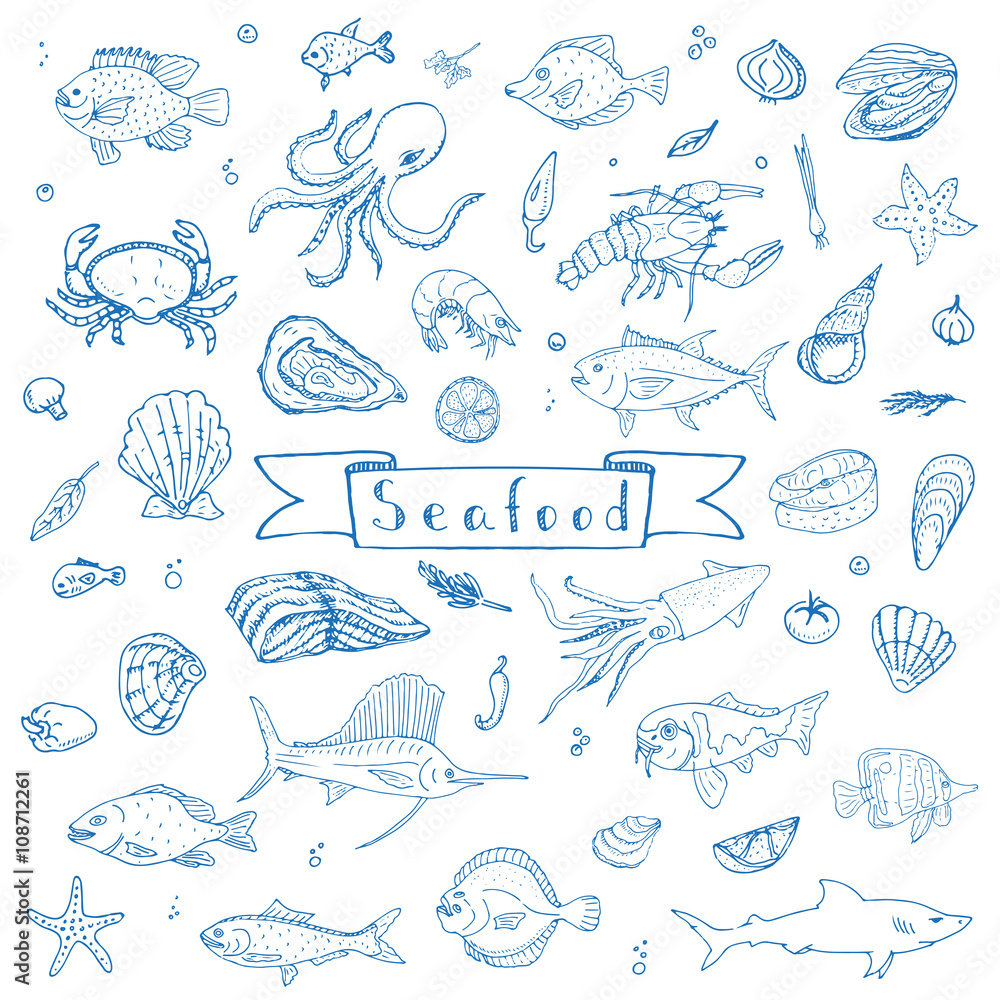 Hand drawn doodle Seafood icons set Vector illustration seafood symbols ...