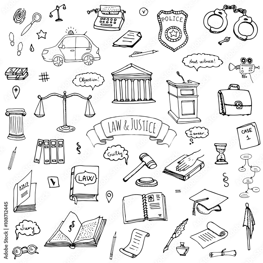 Hand drawn doodle Law and Justice icons set Vector illustration law ...