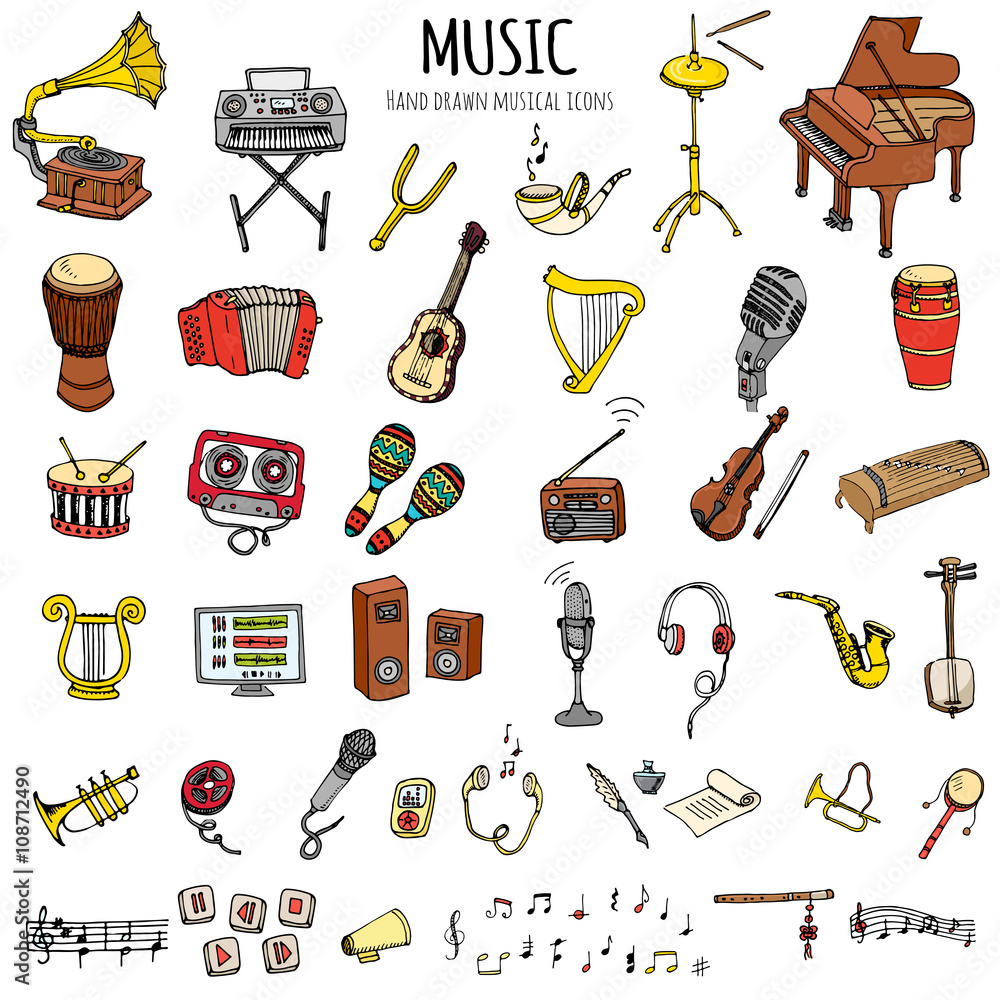 Hand drawn doodle Music set Vector illustration musical instrument and ...