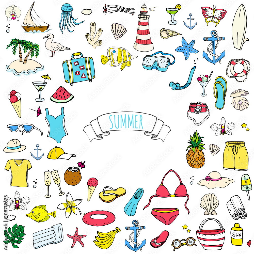 Hand drawn doodle summer set icons Vector illustration Sketchy summer ...