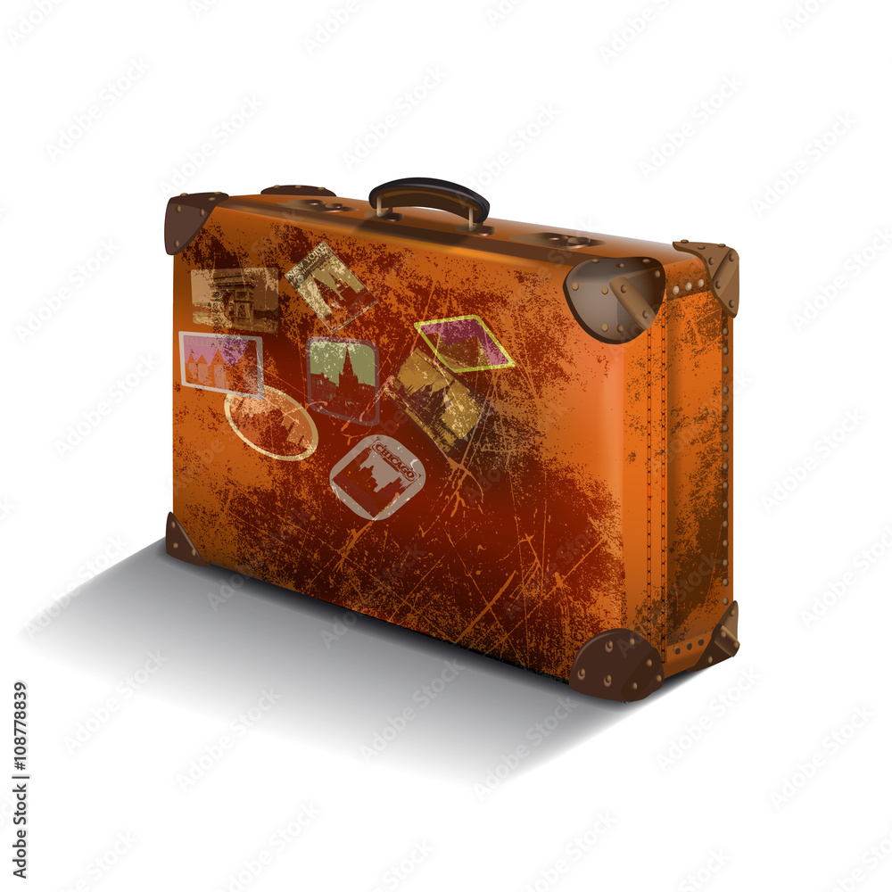 vintage suitcase with labels on the background of the world map.vector ...