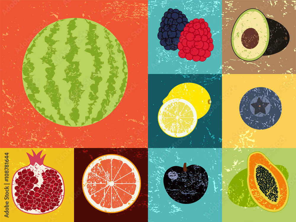 Pop Art grunge style fruit poster. Collection of retro fruits. Vintage ...