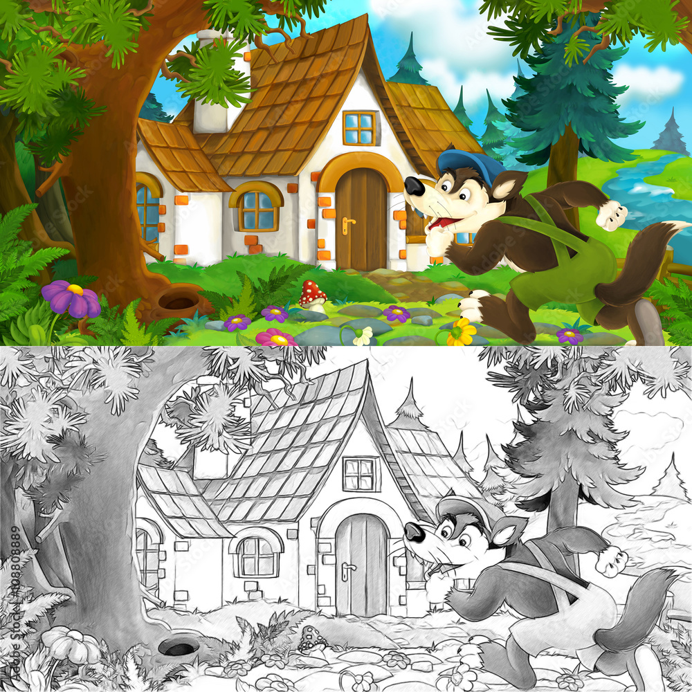 Cartoon scene of wolf running into old house - with coloring page ...
