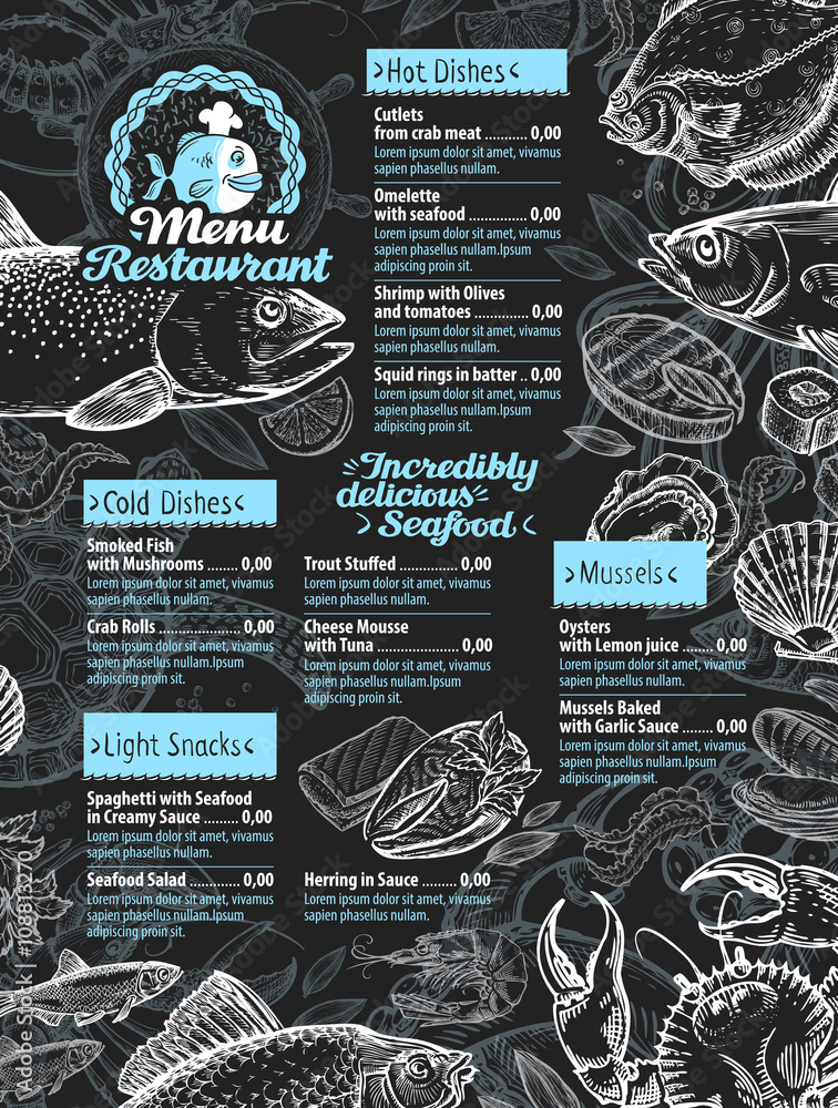 seafood. restaurant menu design template. hand drawn seafood Stock ...