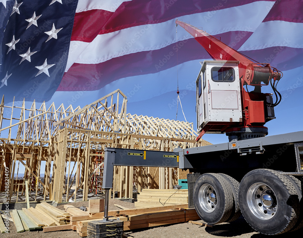 Construction crane setting house roof truss building America USA Stock ...