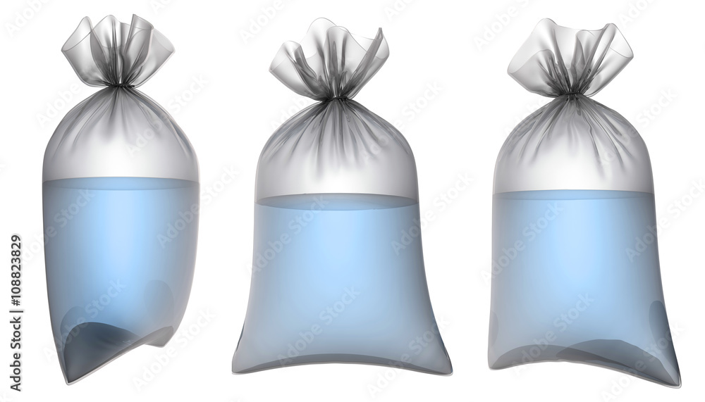 Transparent plastic bag with water. 3d illustration set. Isolated on ...