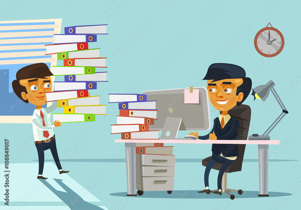 Happy worker has many works. Vector flat cartoon illustration Stock ...