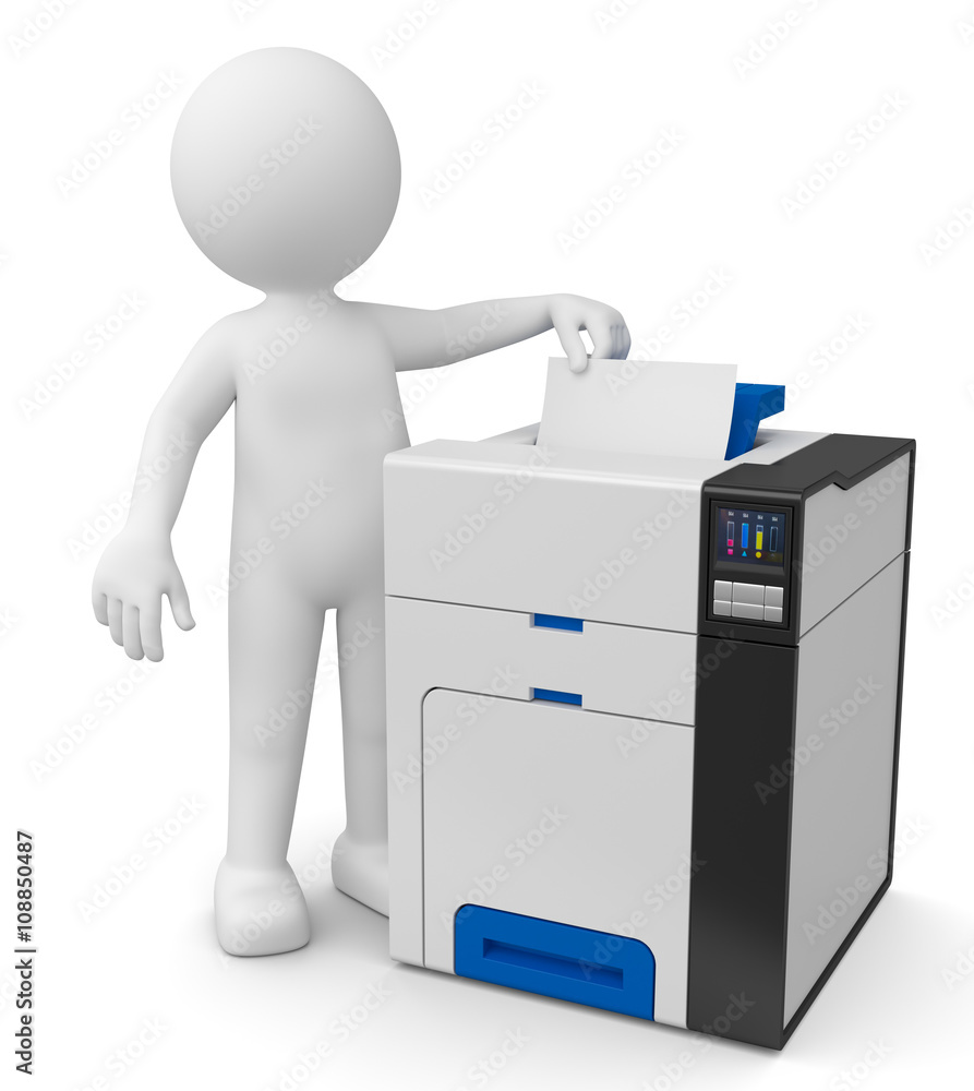 3d Männchen druckt am Drucker wichtige Unterlagen..Die Dokumente werden ...