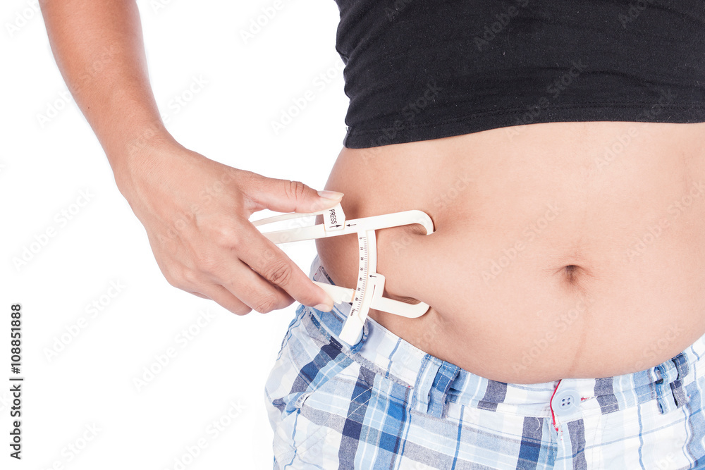 Young Women Measuring Fat Belly With Fat Caliper Stock Photo | Adobe Stock