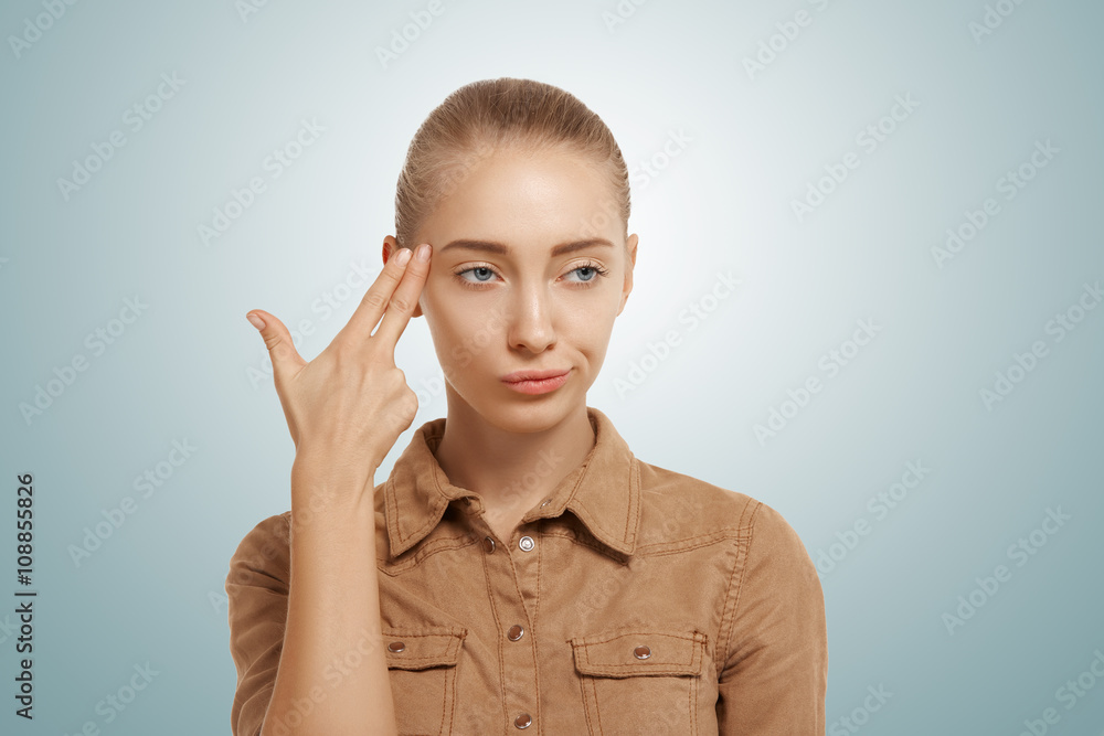 Close up isolated portrait of female Caucasian office manager bored ...