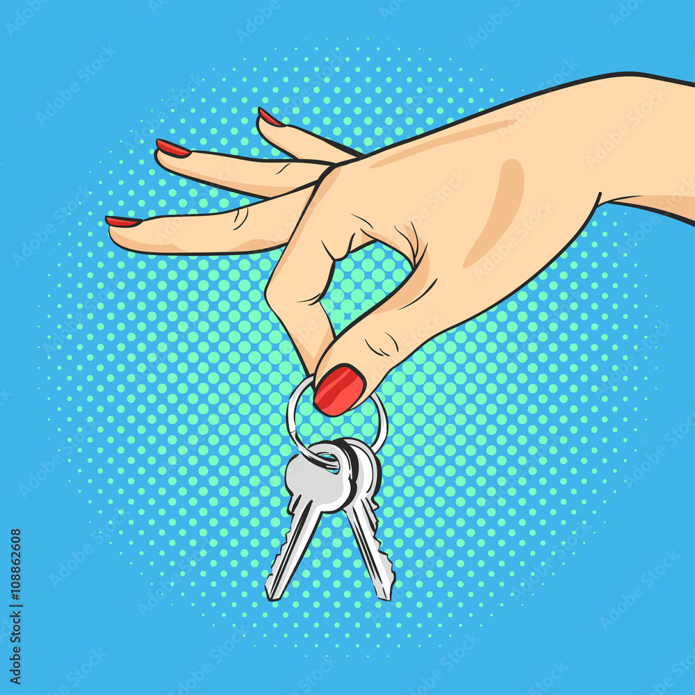 Vector hand drawn pop art illustration of hand holding keys. Stock ...