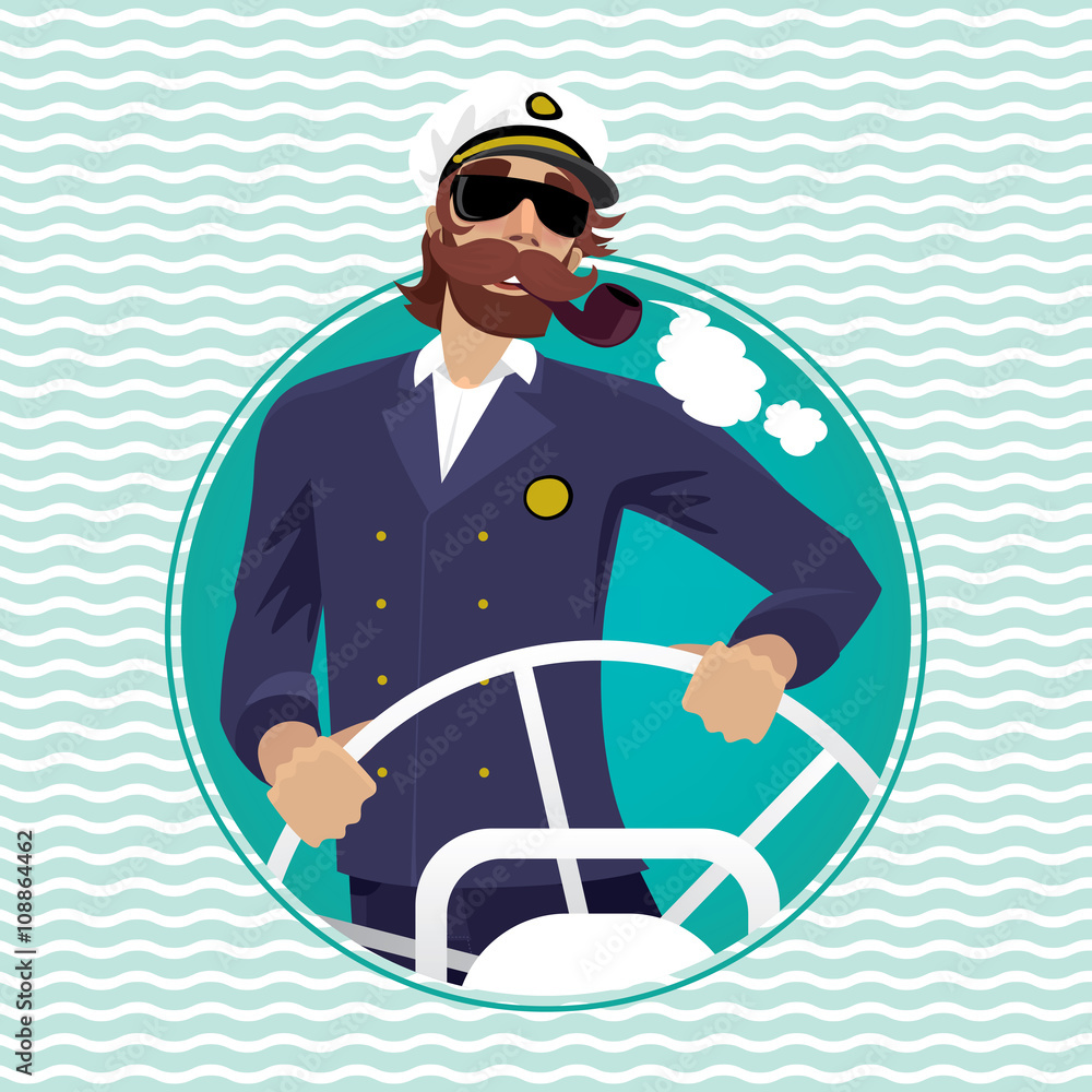 Isolated image in round frame with wave background happy sea captain ...