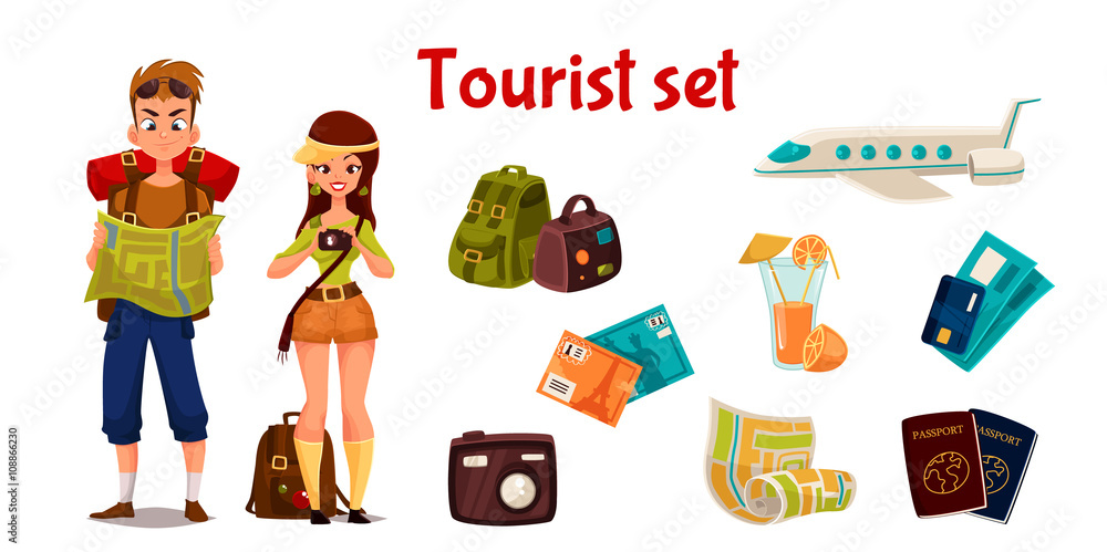 set travel concept summer vacation on the beach, cartoon tourists go ...