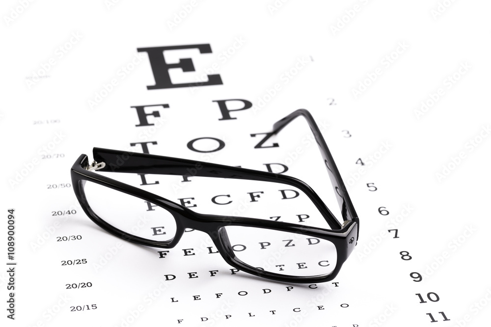 black eyeglasses with an eye chart Stock Photo | Adobe Stock