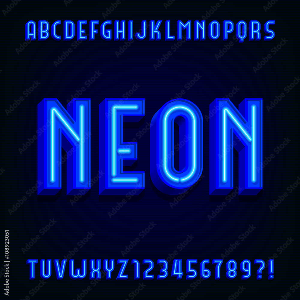 Neon alphabet vector font. 3D type letters with blue neon tubes and ...