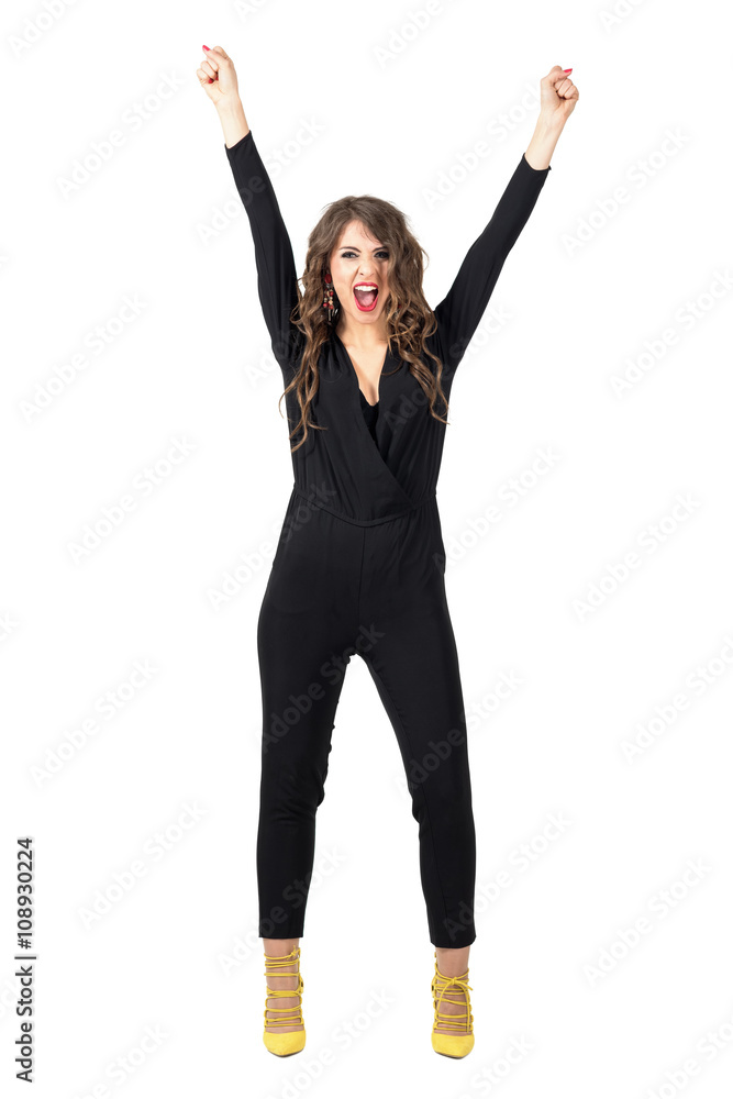 Cheerful excited cheering screaming woman with arms reaching up. Full ...