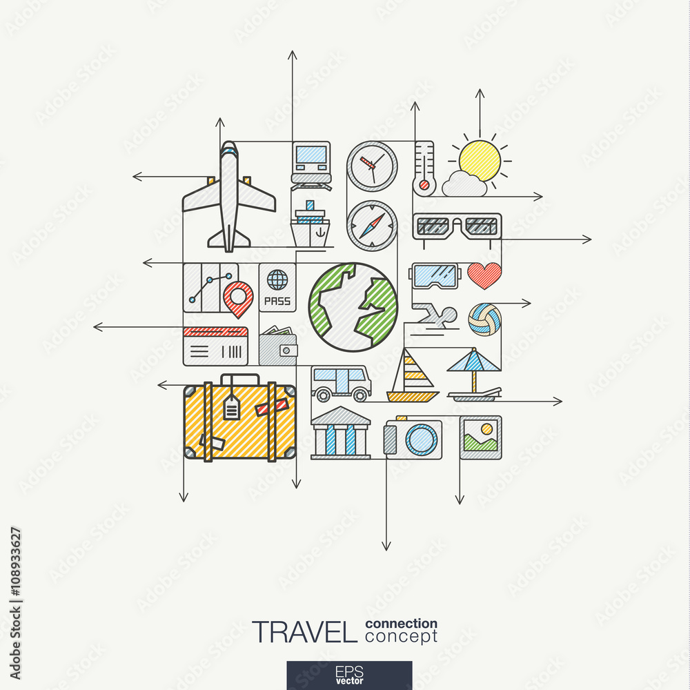 Travel integrated thin line symbols. Modern color vector concept, with ...