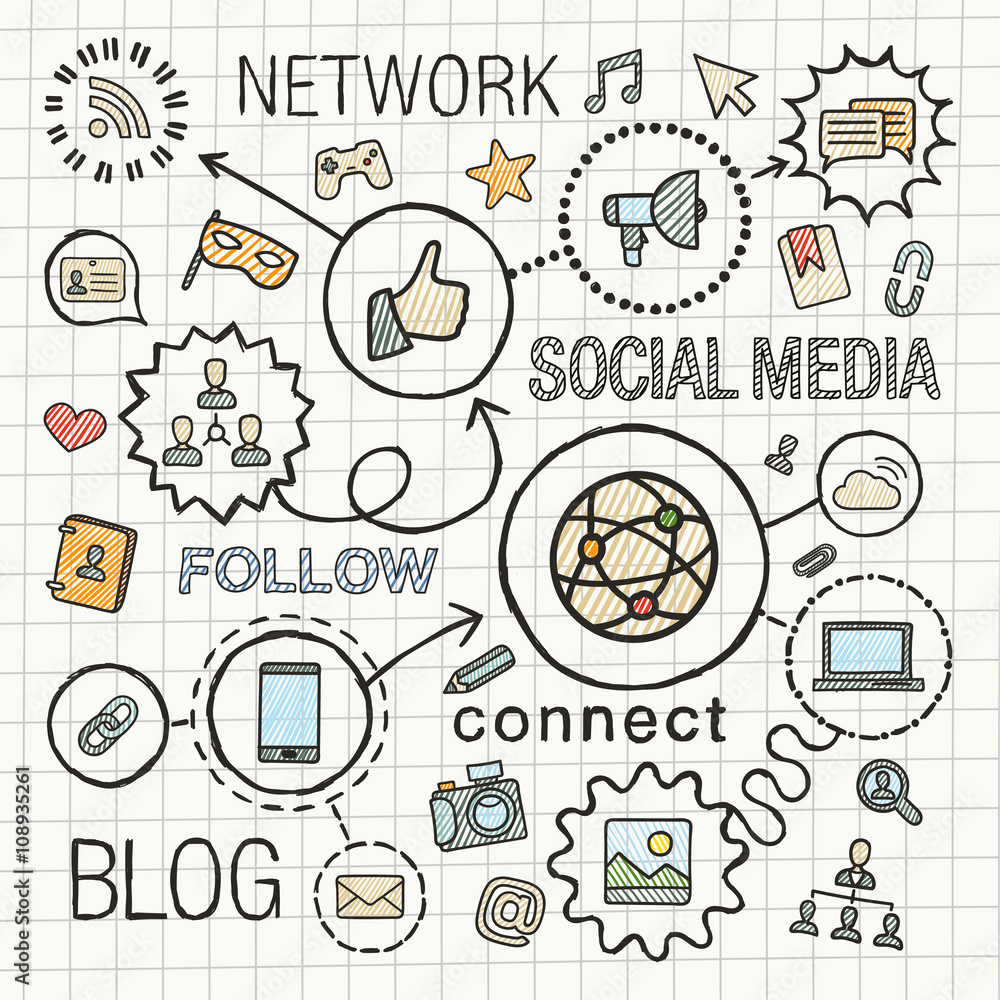 Social media hand draw integrated icons set. Vector sketch infographic ...