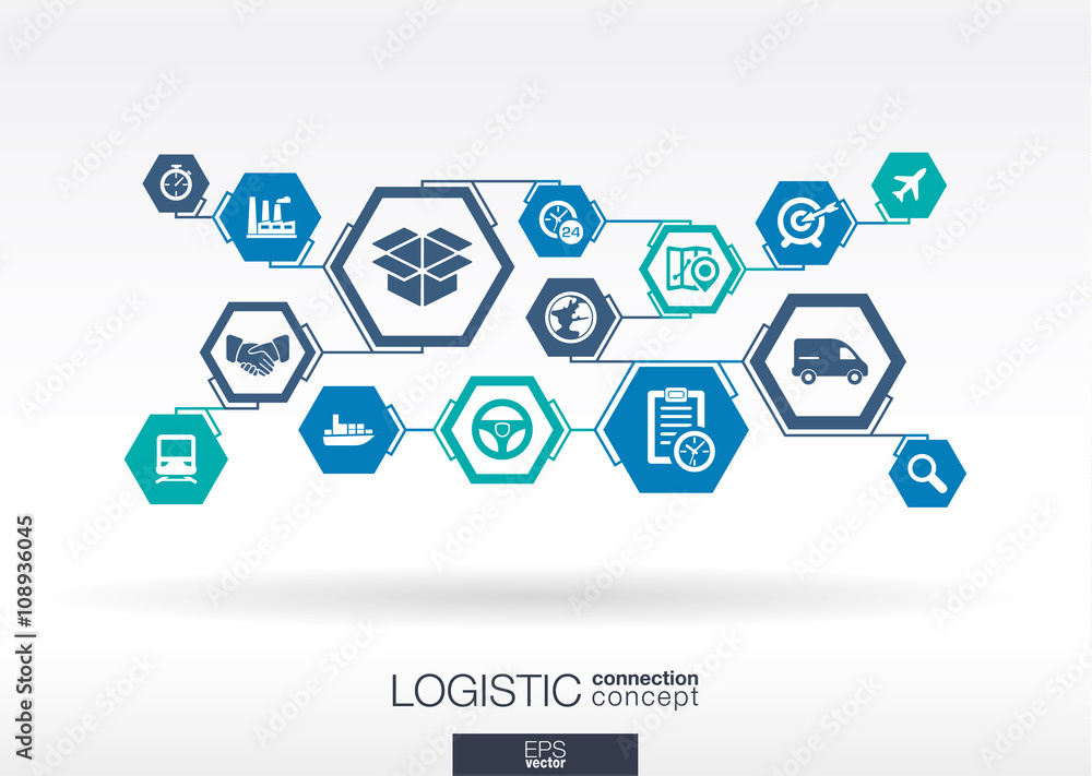 Logistic network. Hexagon abstract background with lines, integrate ...