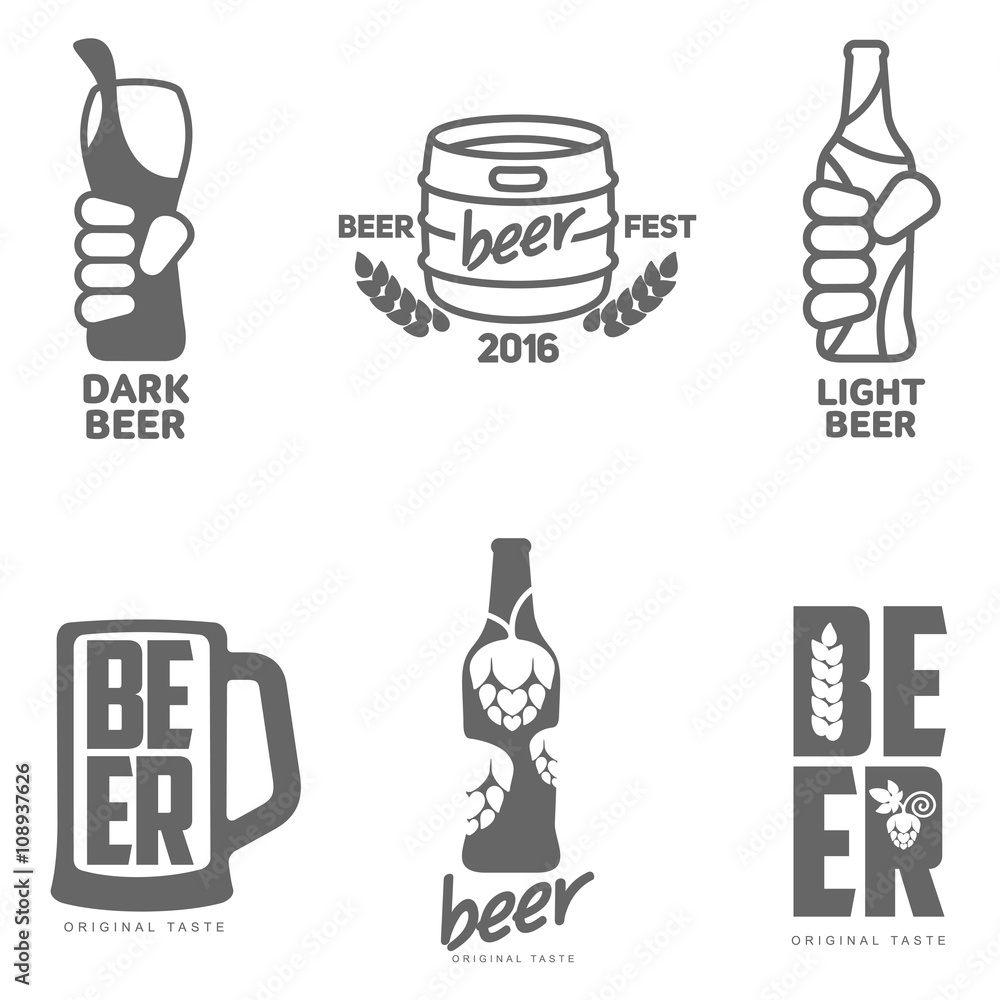 Set beer logos, labels isolated alcohol, drunken icons, hop, mug ...