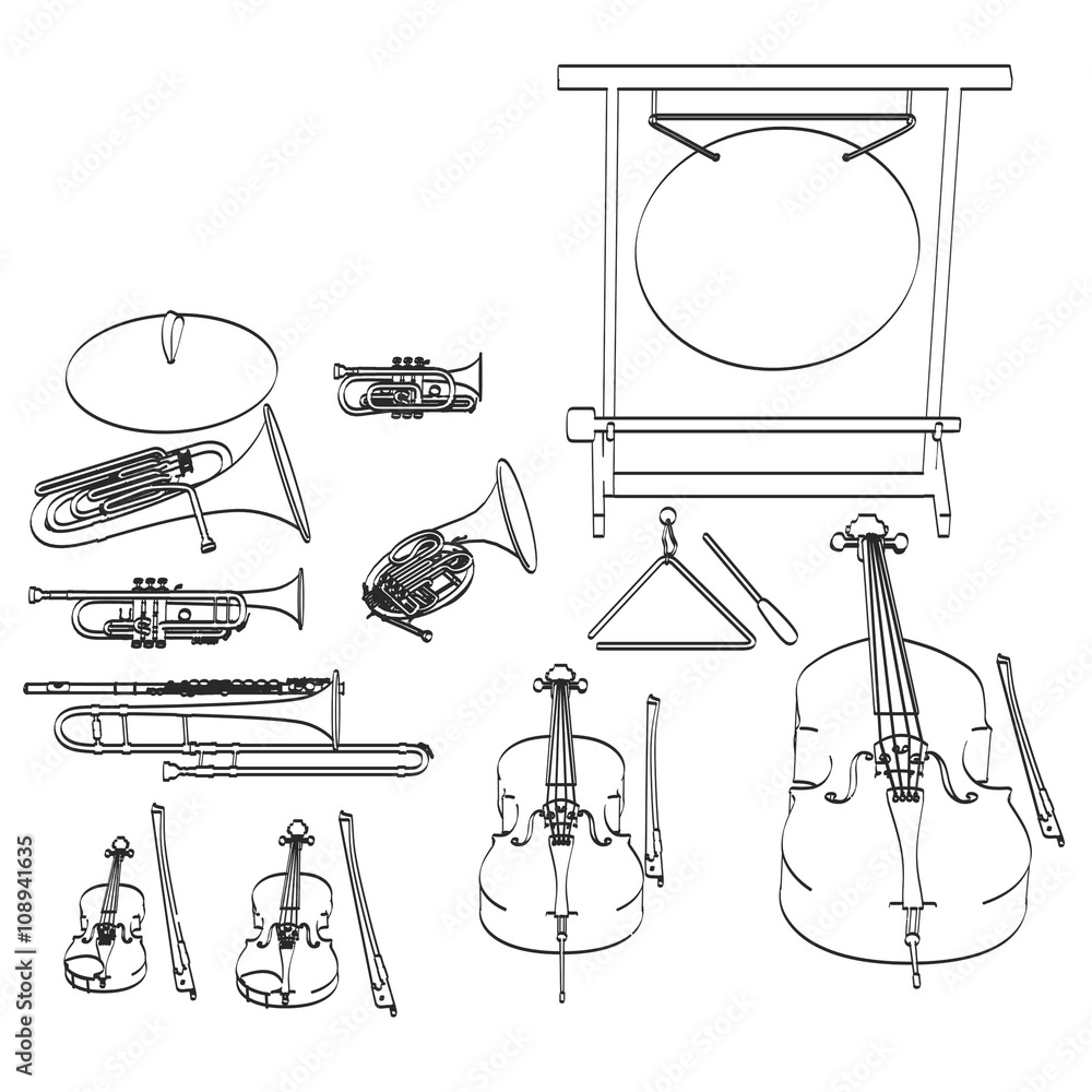 2d cartoon illustration of musical instruments - orchestra Stock ...