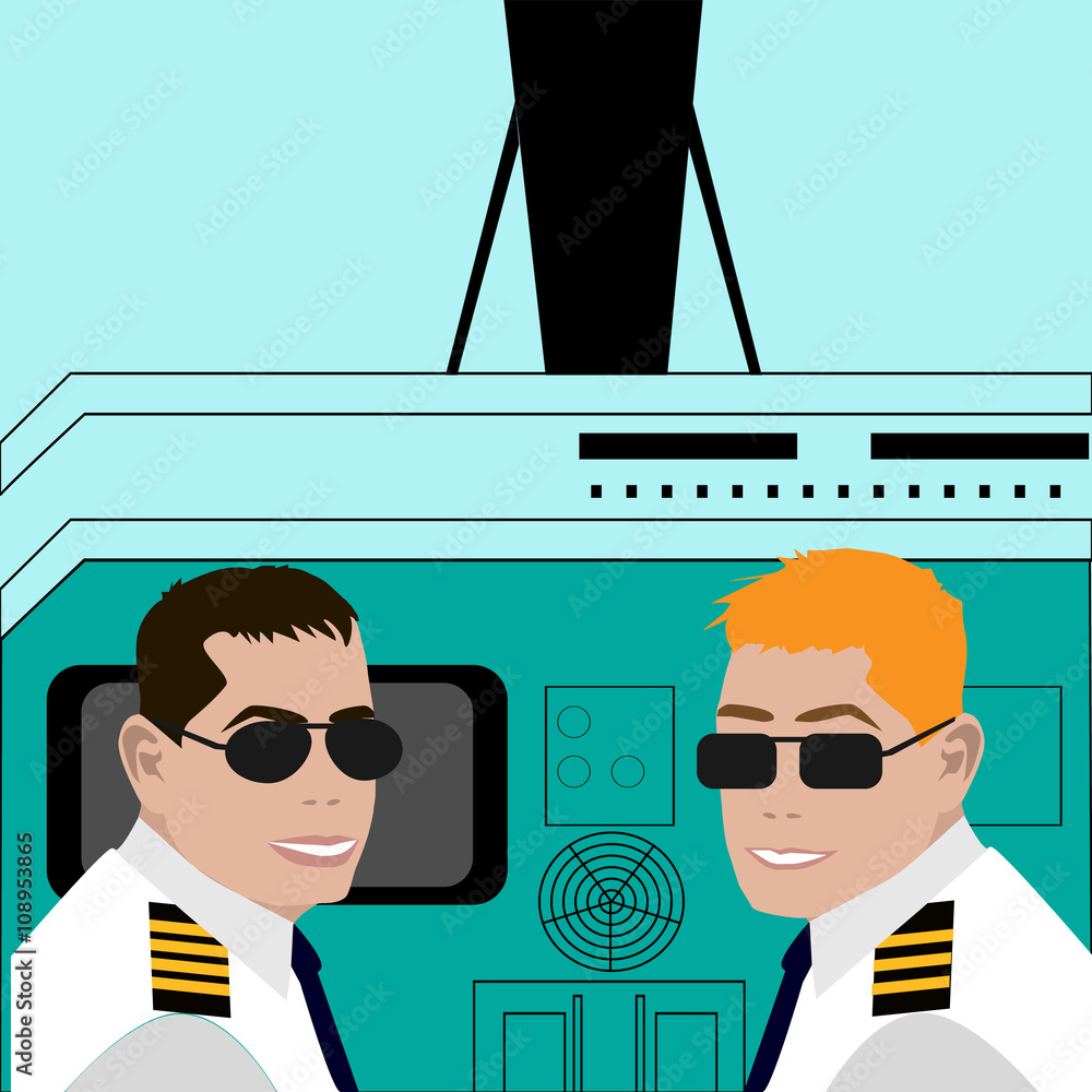 Pilot and co-pilot sitting in an airplane cabin flying and smiling ...