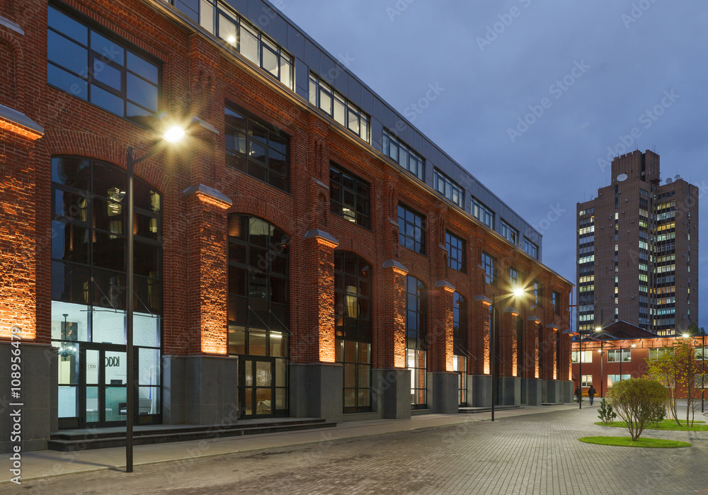 Extensive office complex exterior in loft style. Red brick buildings of ...