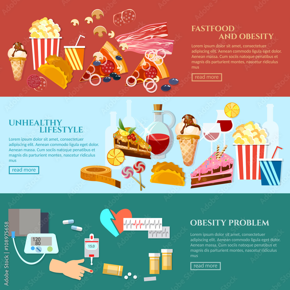 Unhealthy food banner obesity unhealthy lifestyle fast food Stock ...