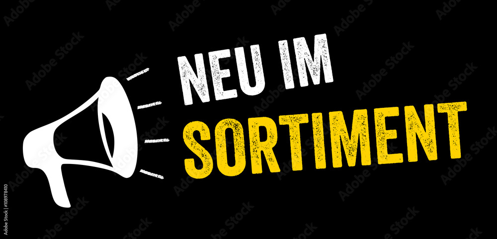Megaphon mit Neu im Sortiment, Kreidetafel, Tafel, Schild, Banner Stock-Foto | Adobe Stock