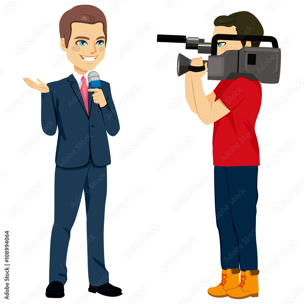 Vetor de Reporter and cameraman operator characters filming news while ...