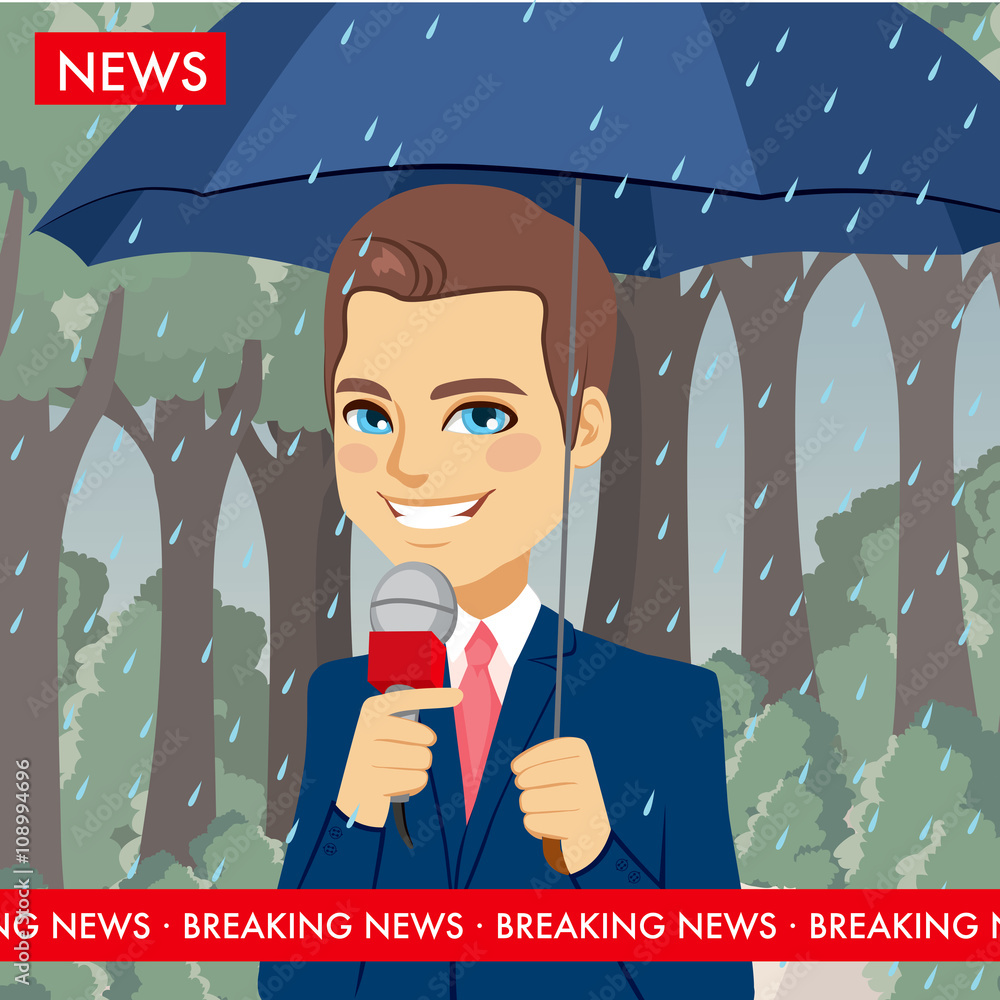 Handsome young news reporter man reporting weather holding umbrella ...