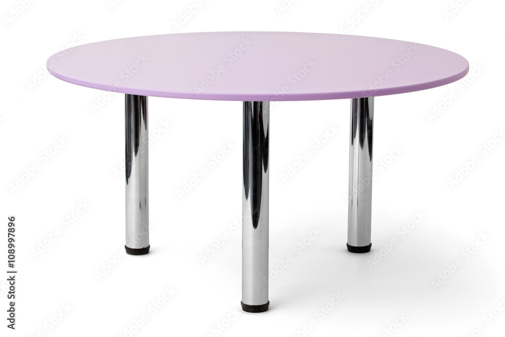 Furniture. A round violet table with metal legs isolated on white ...