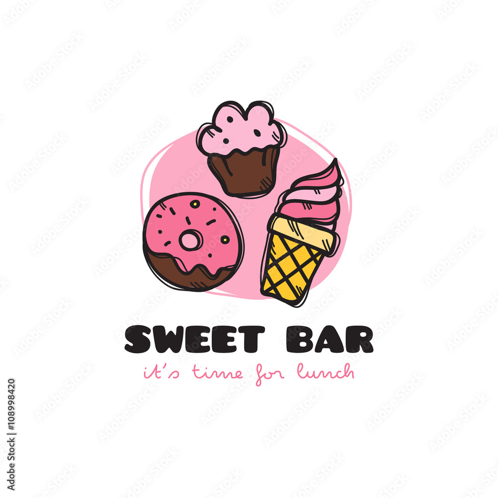 Vector funny cartoon style sweets bar logo with cupcake, ice cream and ...