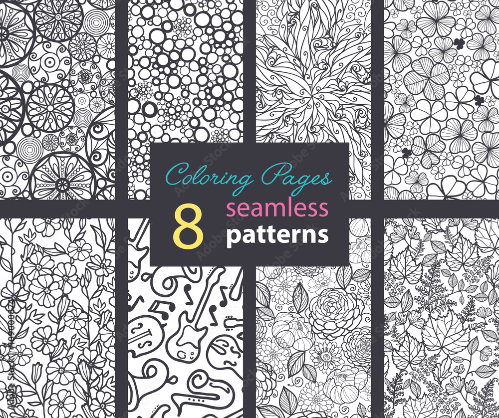 Vector Adult Coloring Book Textures Seamless Repeat Patterns 8 Set With ...