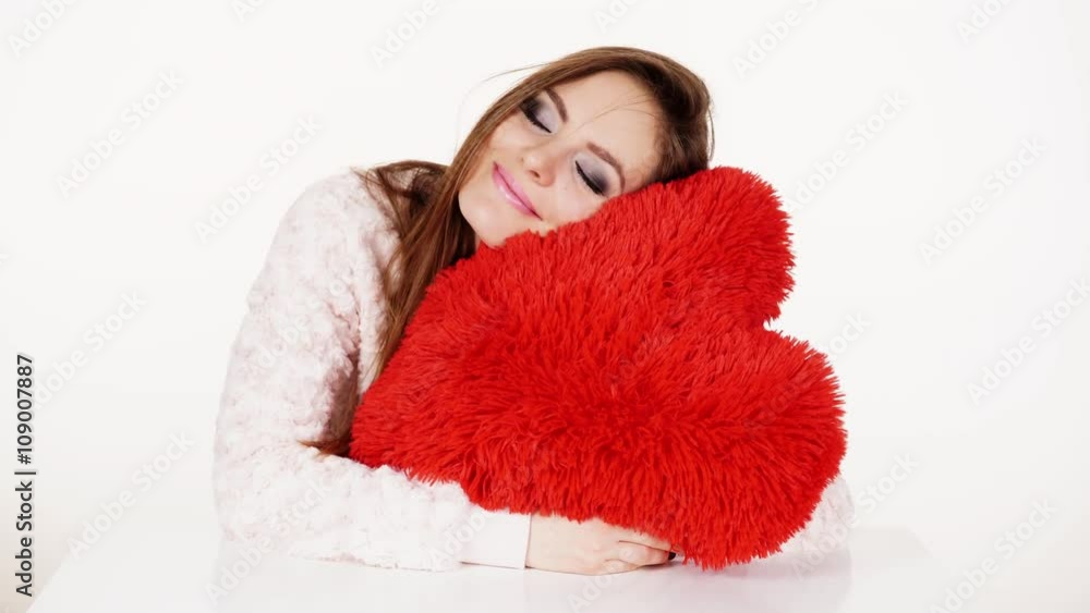 Woman gorgeous girl hugging red heart love symbol 4K Stock Video ...