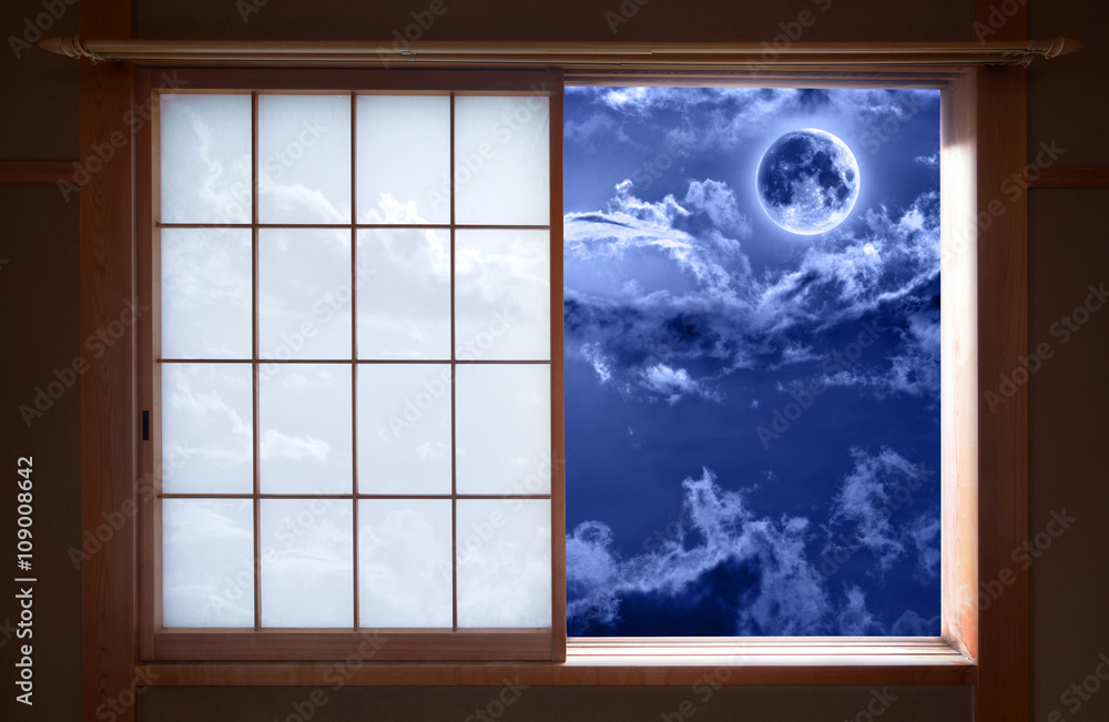 Traditional Japanese sliding window and romantic night sky Stock Photo ...
