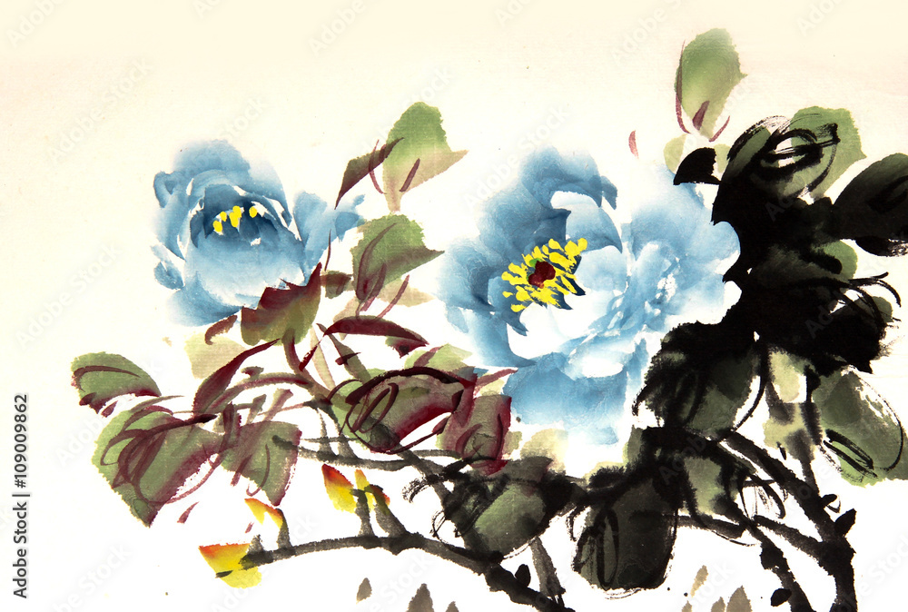 Chinese peony ink drawing Stock Illustration | Adobe Stock
